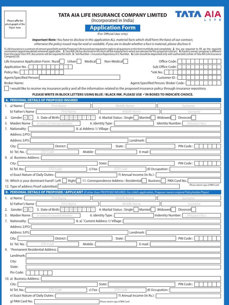 Application Form: Tata Aia Life Insurance Company Limited | PDF ...