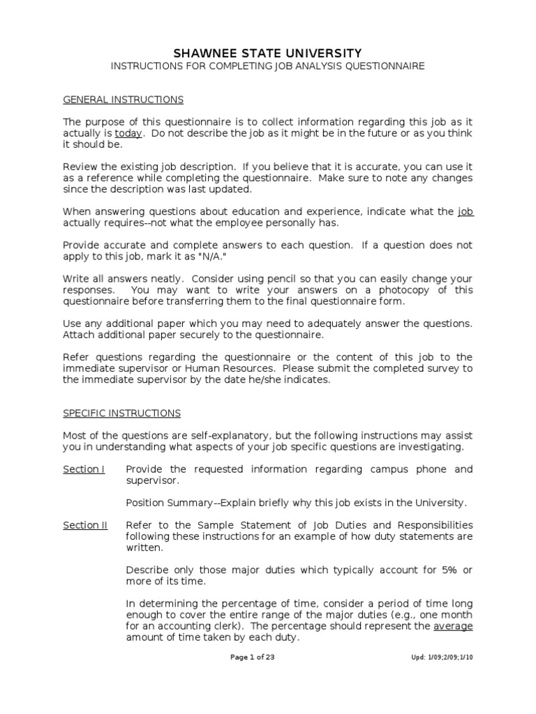 1 Job Analysis Questionnaire Template Copy Subroutine Employment