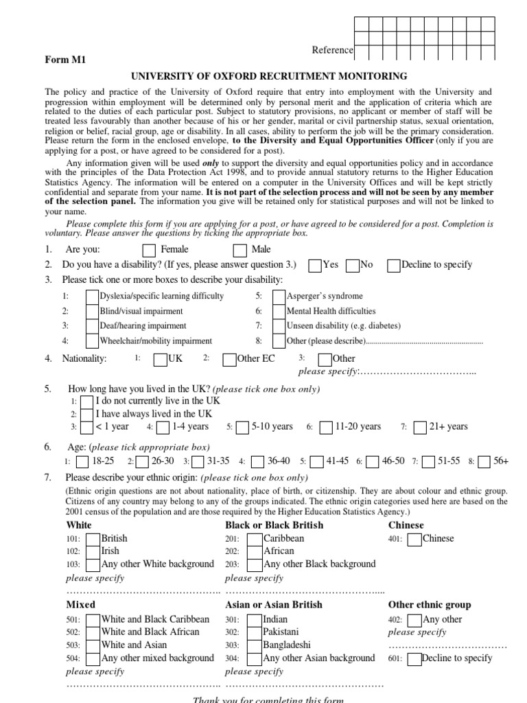 Form M1 University of Oxford Recruitment Monitoring | PDF