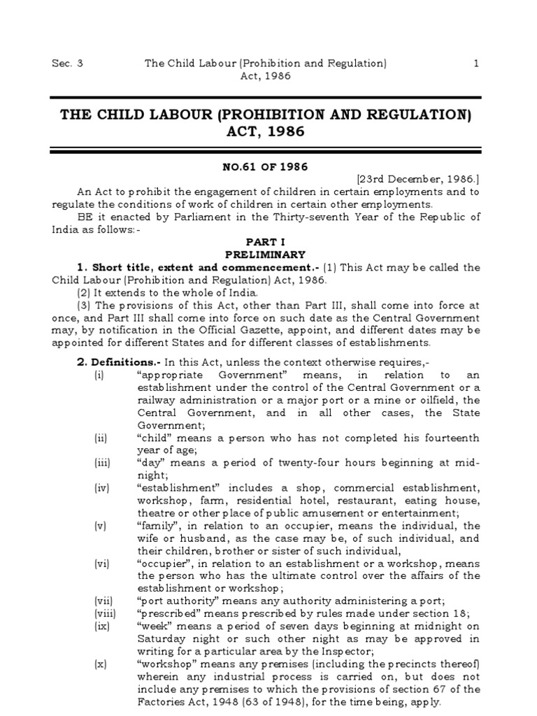 Child Labour Prohibition Regulation Act 1986 | PDF | Committee ...