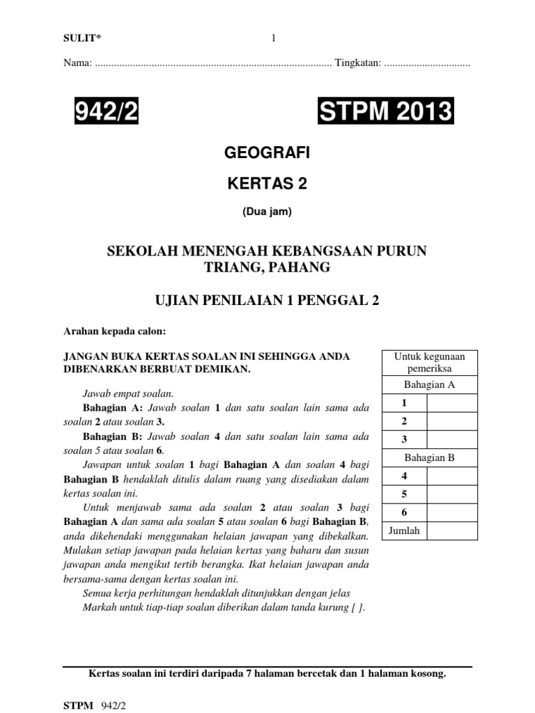Geografi STPM: Soalan Ujian 1 Penggal 2 STPM 2013 | PDF