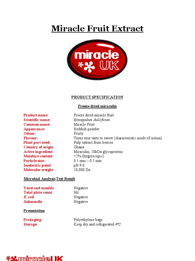 Miracle Fruit Extract: Product Specification Freeze-Dried Miraculin | PDF