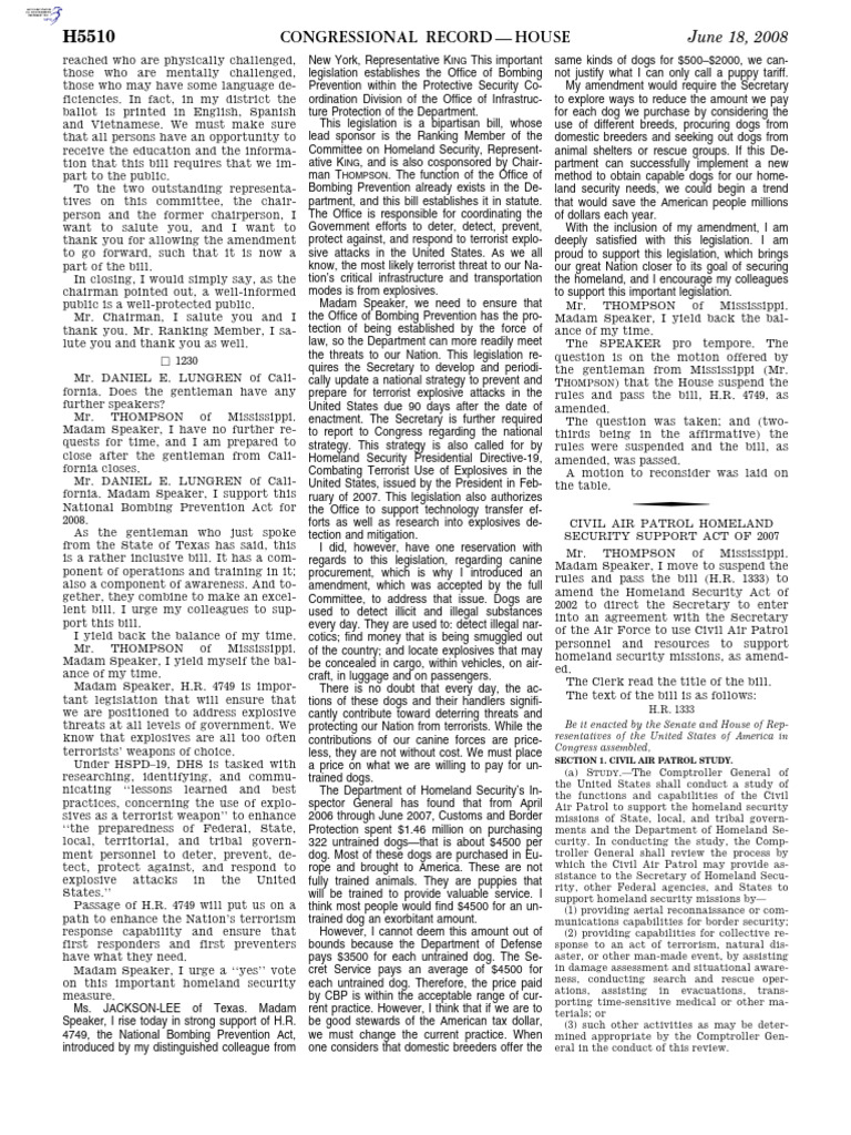 Homeland Security Bill - 18 Jun 2008 | Download Free PDF | United ...