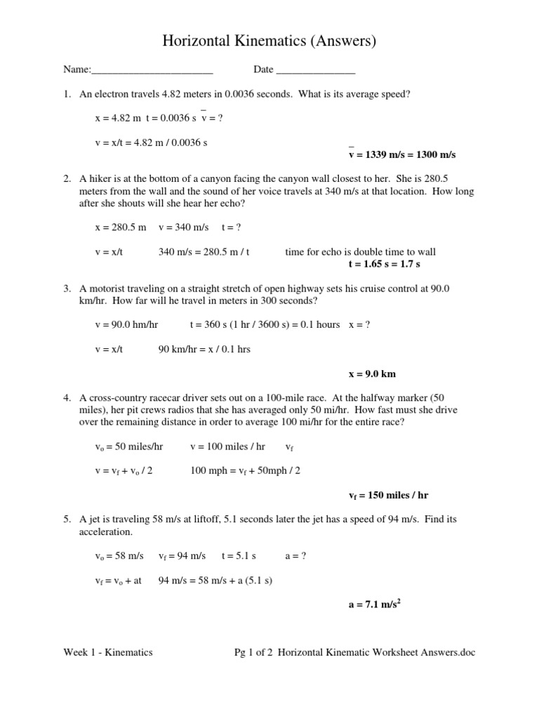 Horizontal Kinematic Worksheet Answers | PDF | Speed | Rocket