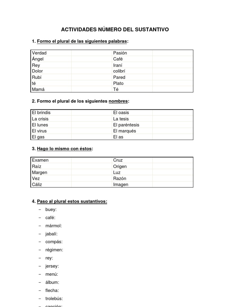 Actividades de Plural de Sustantivos | PDF