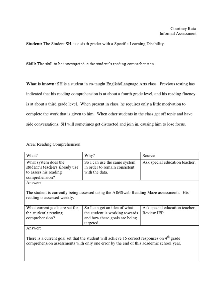 Comprehension Informal Assessment | PDF | Reading Comprehension ...
