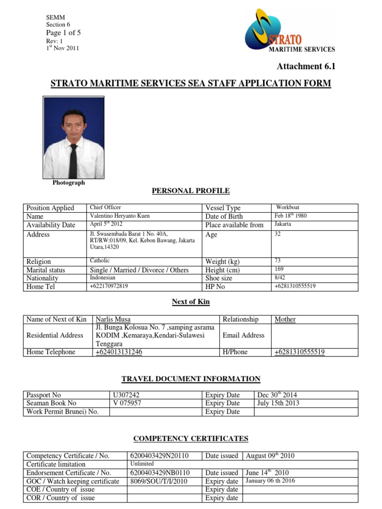 Sea Staff Application Form | PDF | Shipping | Water Transport