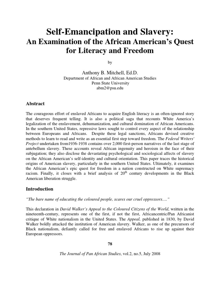 Self-Emancipation and Slavery: An Examination of The African American's ...