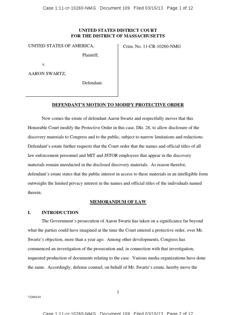 Defendant's Motion To Modify Protective Order | PDF | Discovery (Law ...