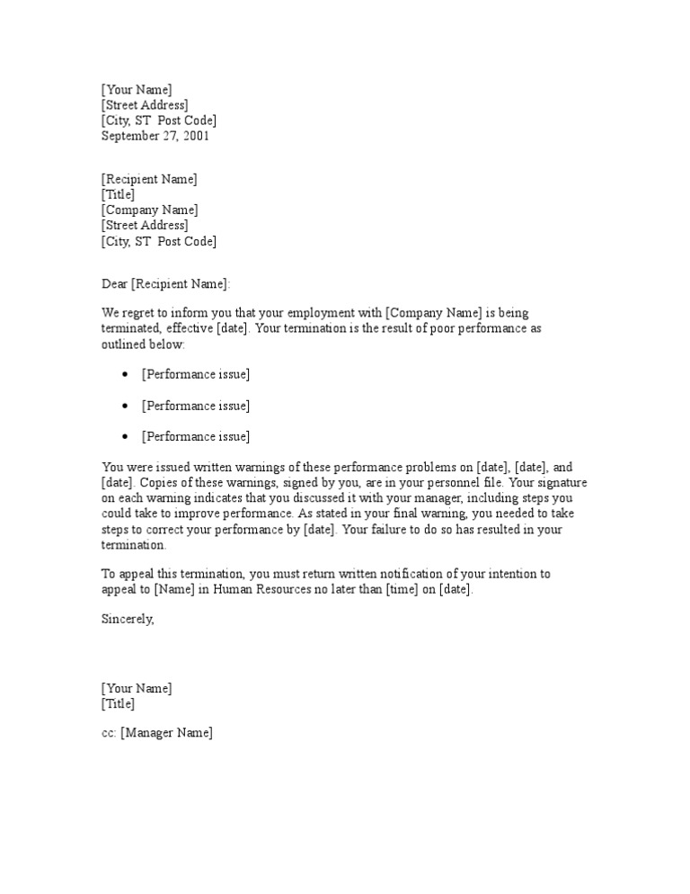 Notice of Termination Due To Poor Performance | PDF