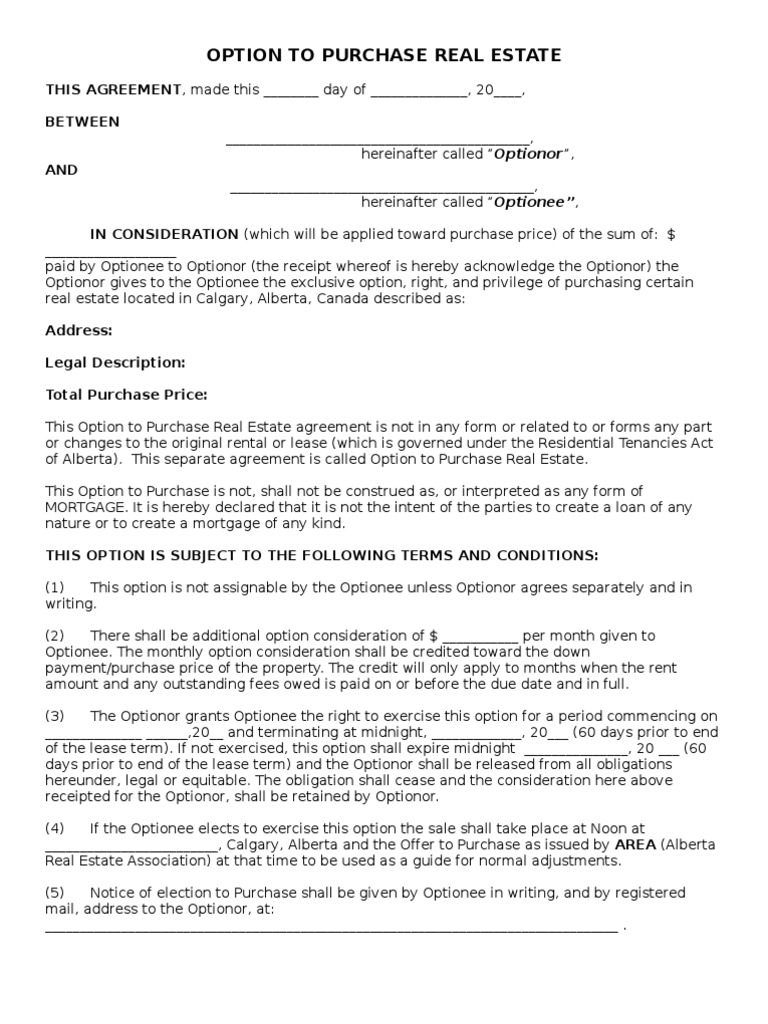 Option To Purchase Real Estate | PDF | Lease | Option (Finance)