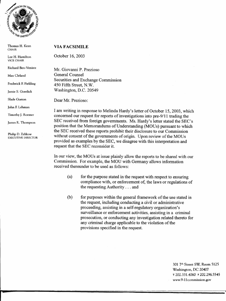 9/11 Commission Letter about Insider Trading Documents Withheld by SEC ...