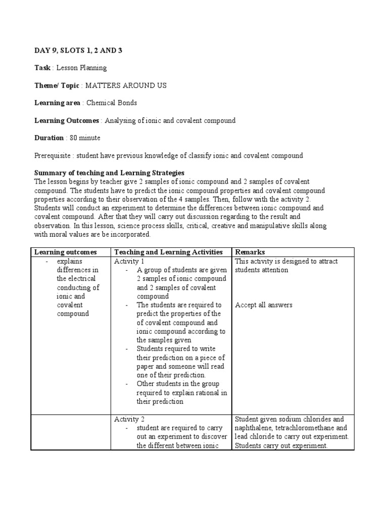 Lesson Plan Pdf Chemical Compounds Ionic Bonding 3695