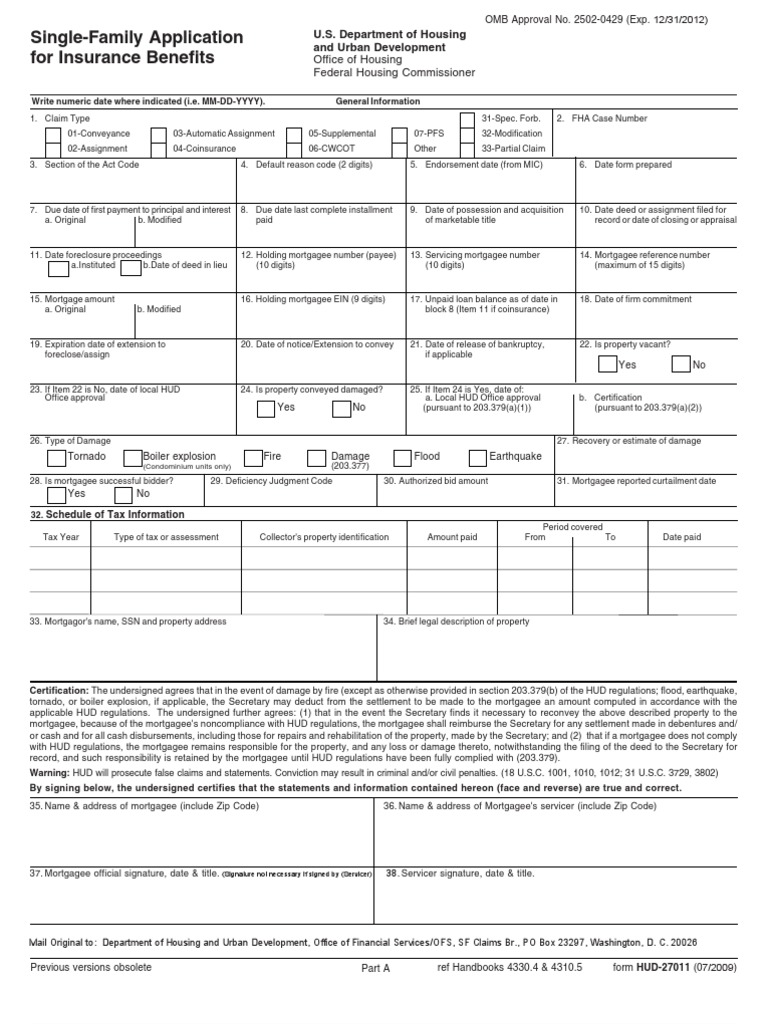 HUD-27011 Claim Form Overview | PDF | Foreclosure | Mortgage Law