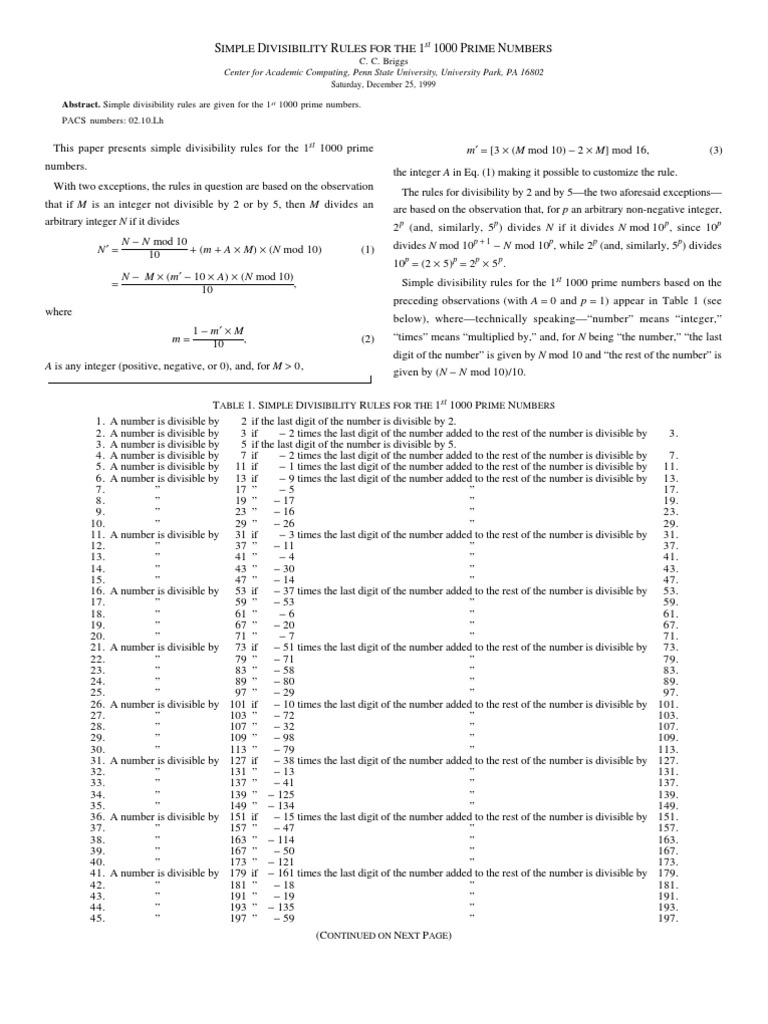 Divisibility Rules for First 1000 Primes | PDF | Teaching Mathematics ...