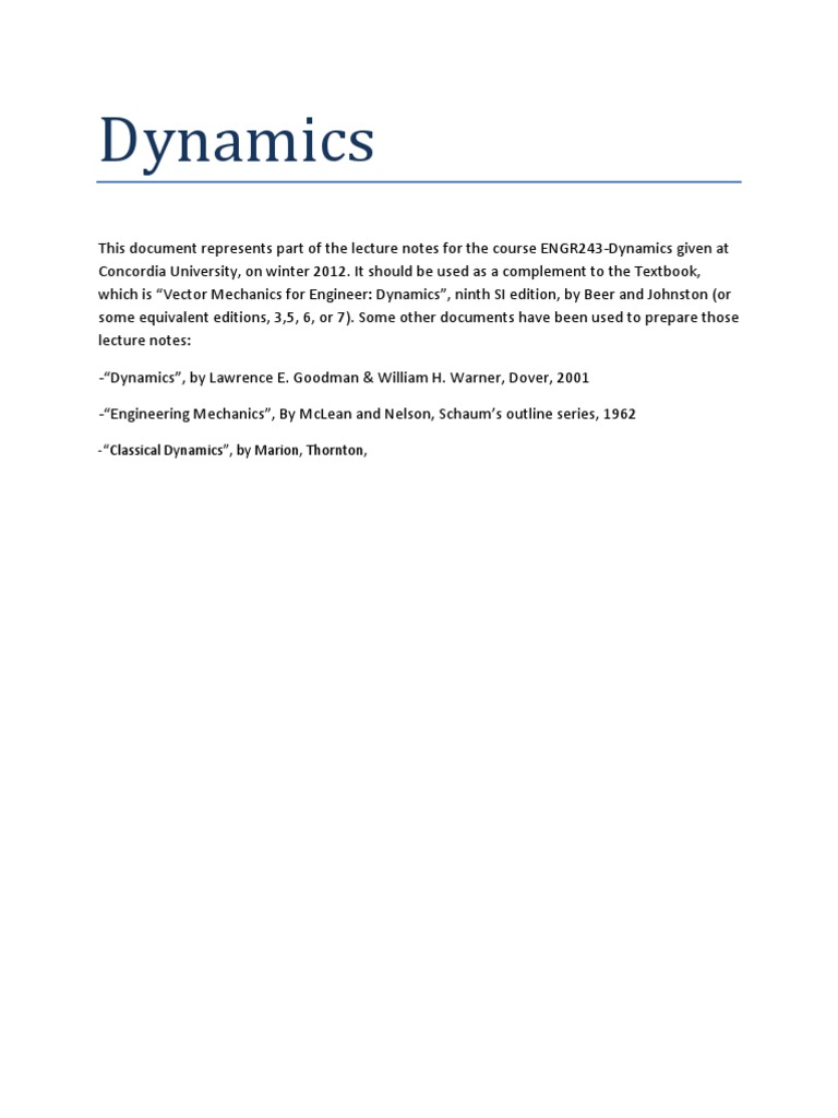 Dynamics Lectures 1 & 2 | PDF | Acceleration | Kinematics