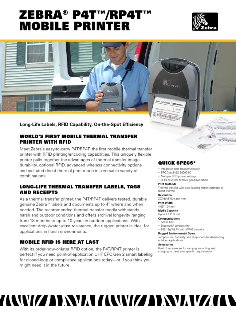 Zebra P4T™/Rp4T™ Mobile Printer | PDF | Radio Frequency Identification ...