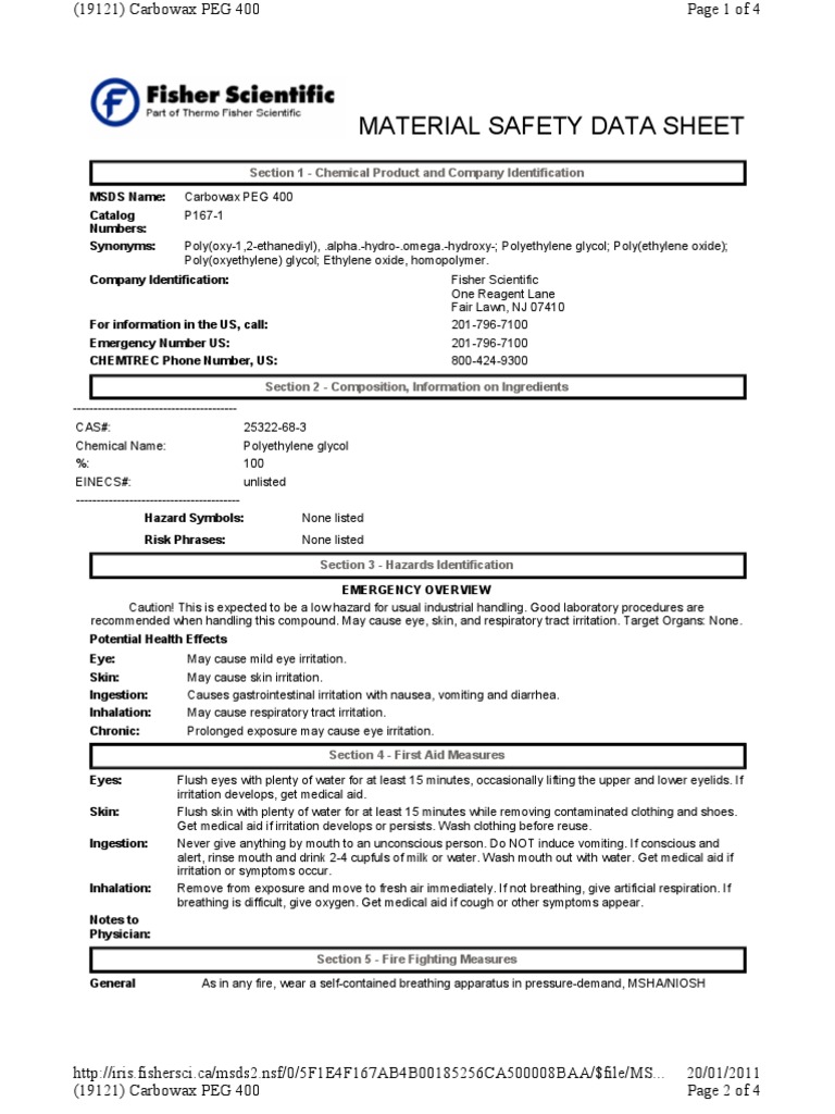 Carbowax PEG 400 PDF | PDF | Polyethylene Glycol | Dangerous Goods