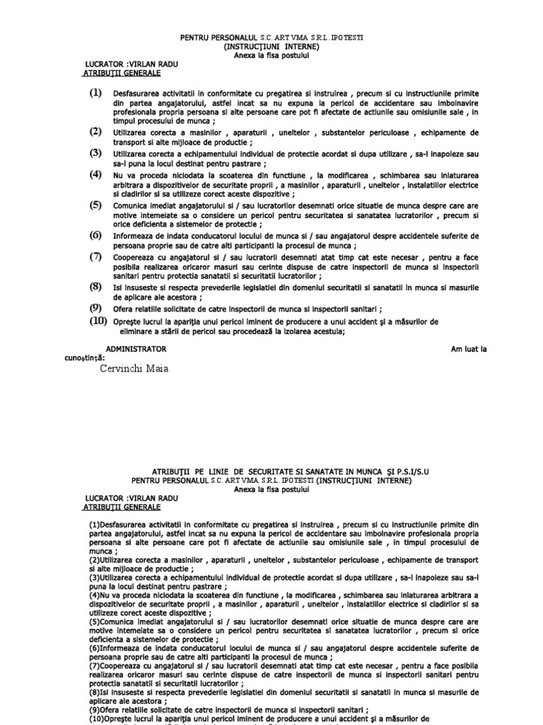 Atributii SSM-PSI Anexe La Fisa Postului | PDF