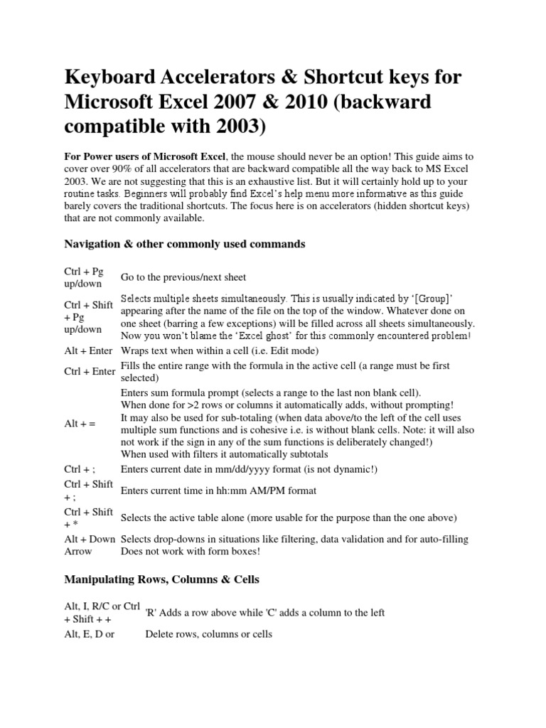 Excel Shortcut Keys | PDF | Keyboard Shortcut | Microsoft Excel