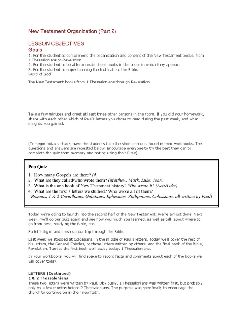 New Testament Organization (Part 2) Lesson Objectives Goals: Pop Quiz ...