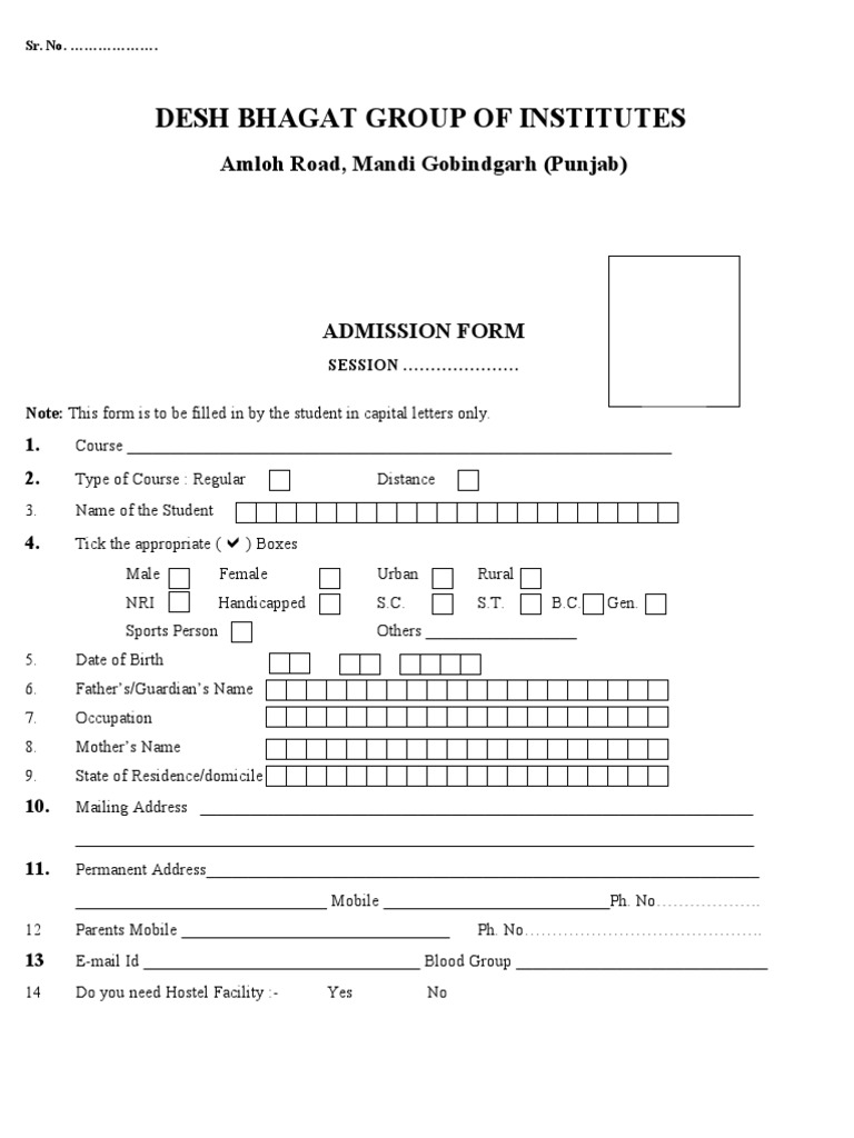 Admission Form for Desh Bhagat Group of Institutes | PDF | University ...