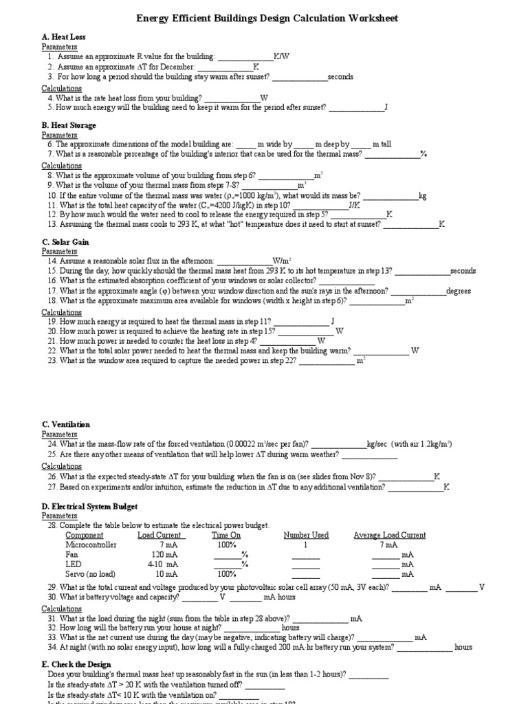 Energy Efficient Buildings Design Calculation Worksheet: A. Heat Loss ...