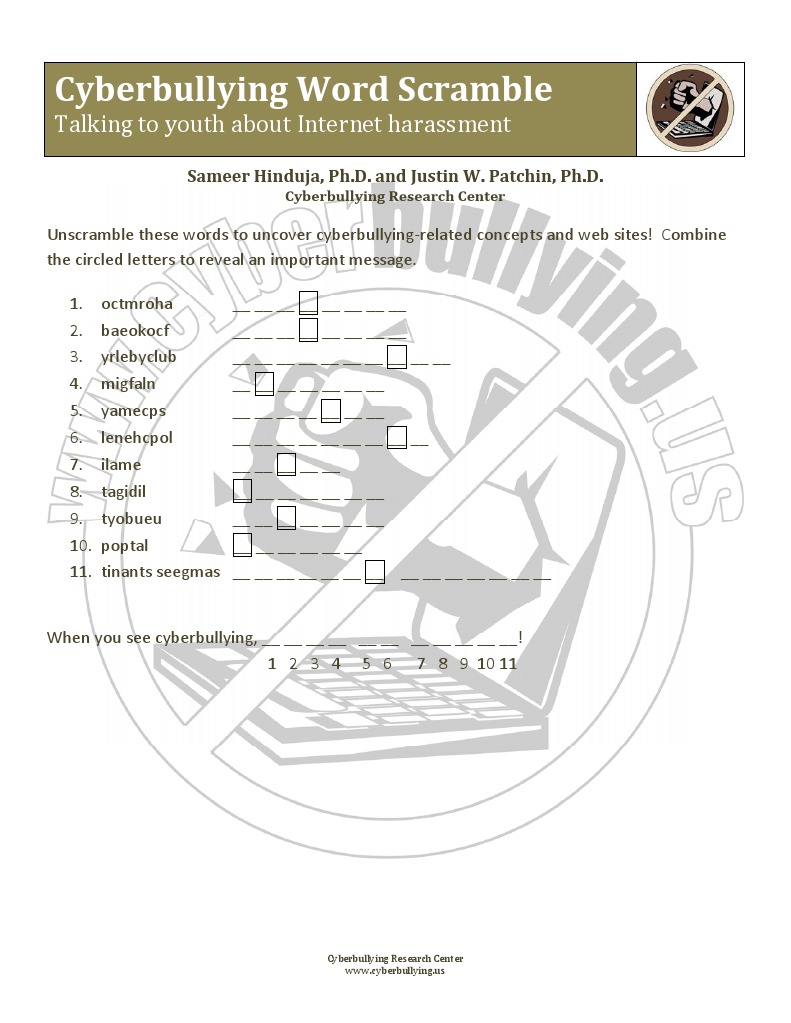 Cyberbullying Word Scramble | PDF | Cyberbullying | Cultural Globalization