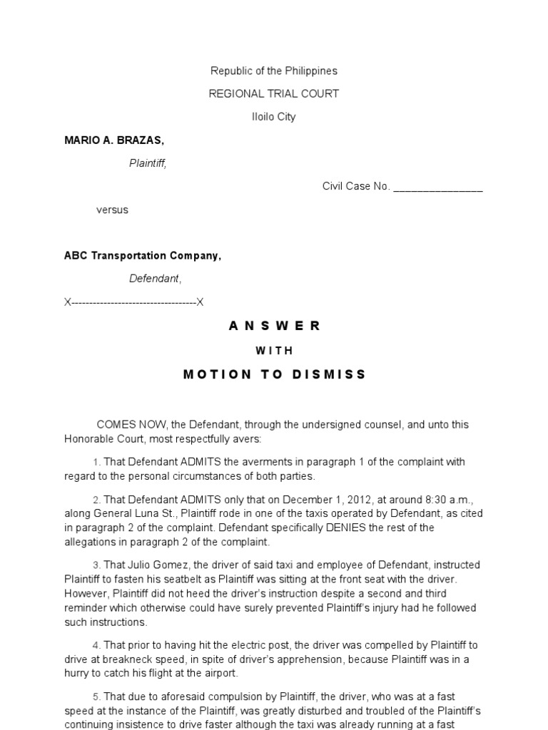 Sample Answer with Motion to Dismiss(vehicular accident) | Complaint | Virtue