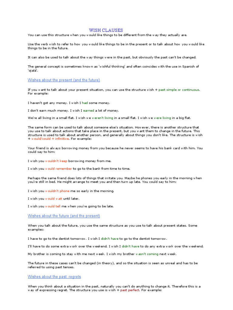 Wish Clauses | PDF | English Grammar | English Language