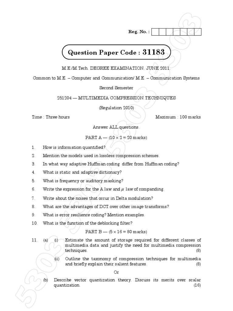 MUltimedia Compression Techniques Question Paper | PDF | Data Compression | Multimedia