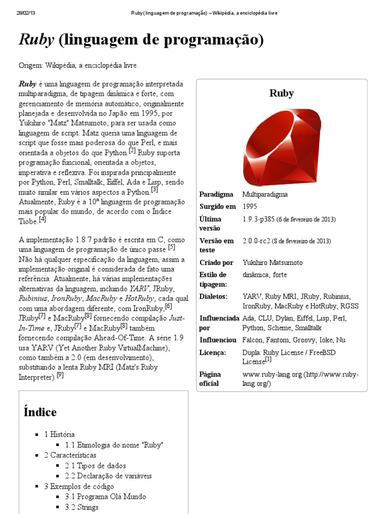 Ruby (linguagem de programação) – Wikipédia, a enciclopédia livre | PDF ...