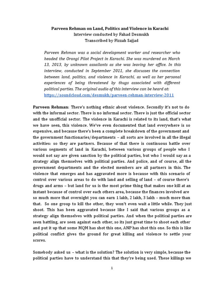 Parveen Rehman On Land, Politics and Violence in Karachi | PDF ...