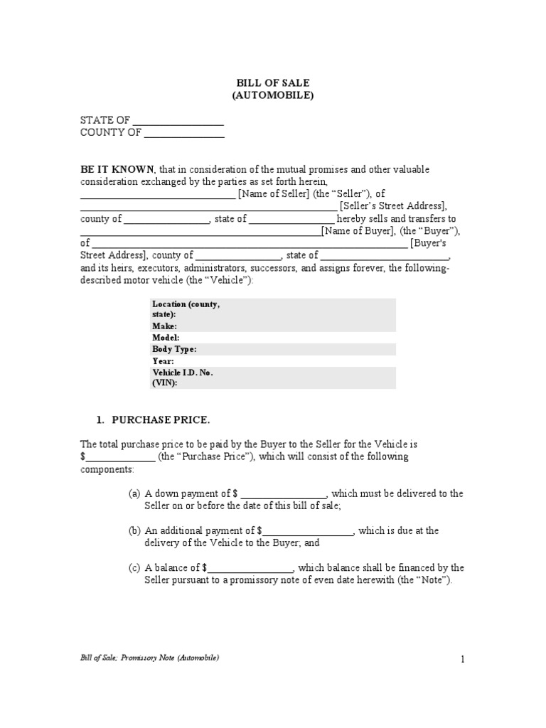 Bill of Sale and Promissory Note Auto | PDF | Promissory Note | Sales