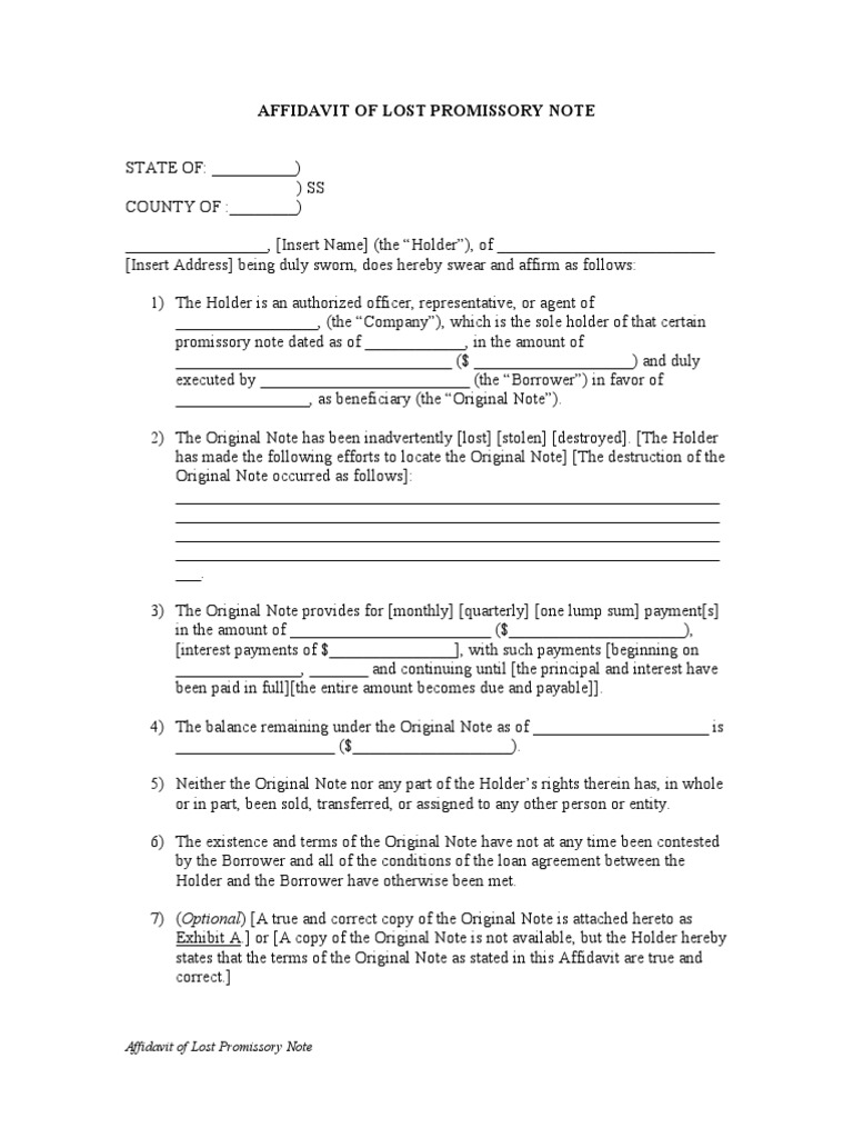 Affidavit of Lost Promissory Note | Affidavit | Promissory Note