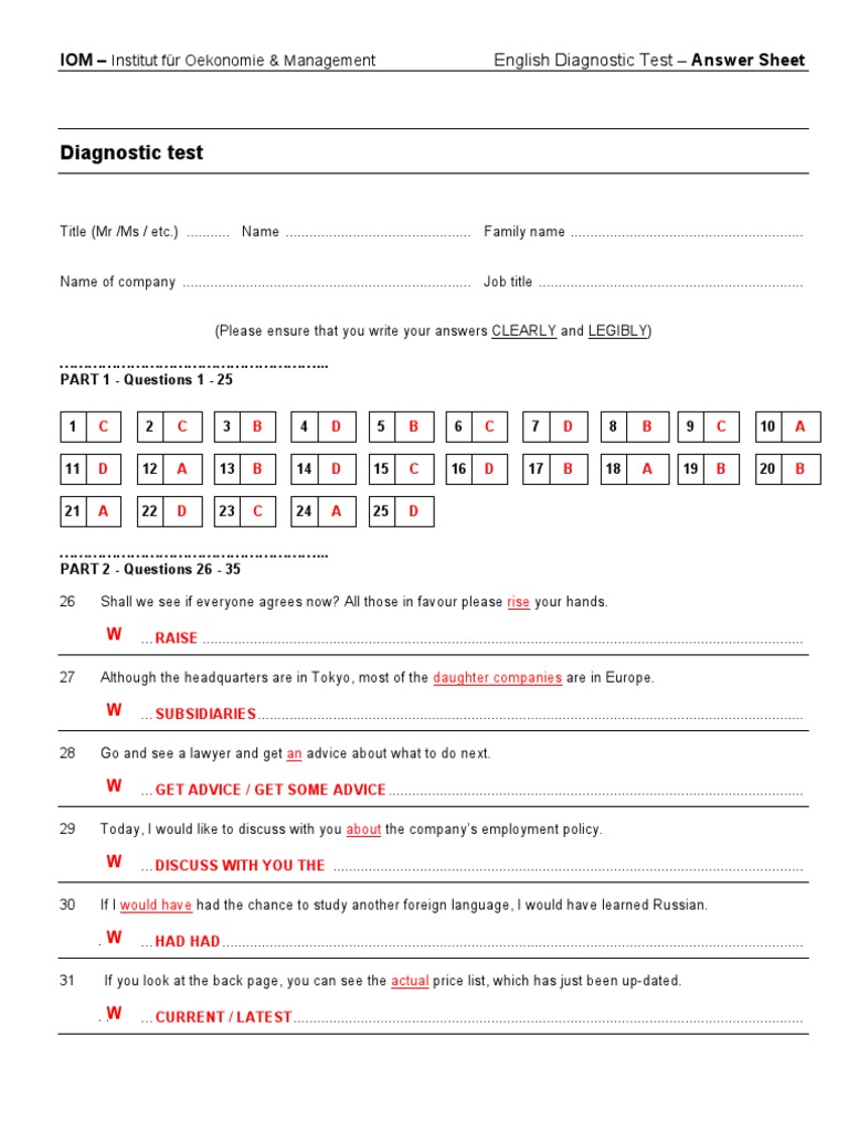Diagnostic Test - Answer Key | PDF