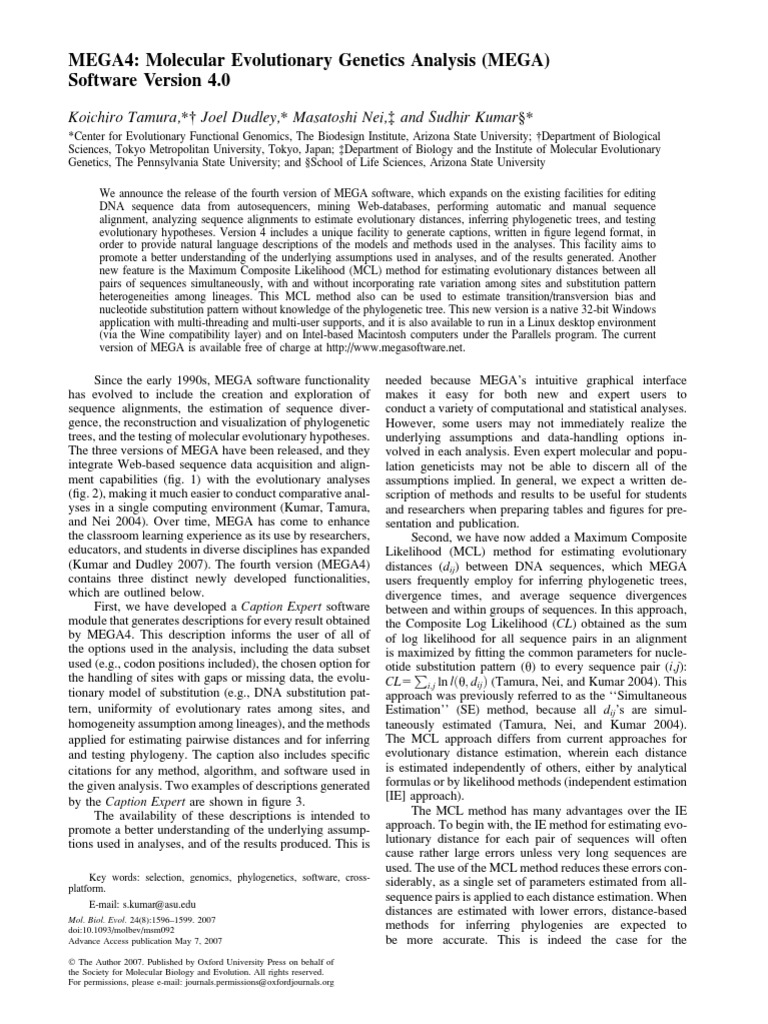 Molecular Evolutionary Genetics Analysis (MEGA) Software Version 4.0 ...