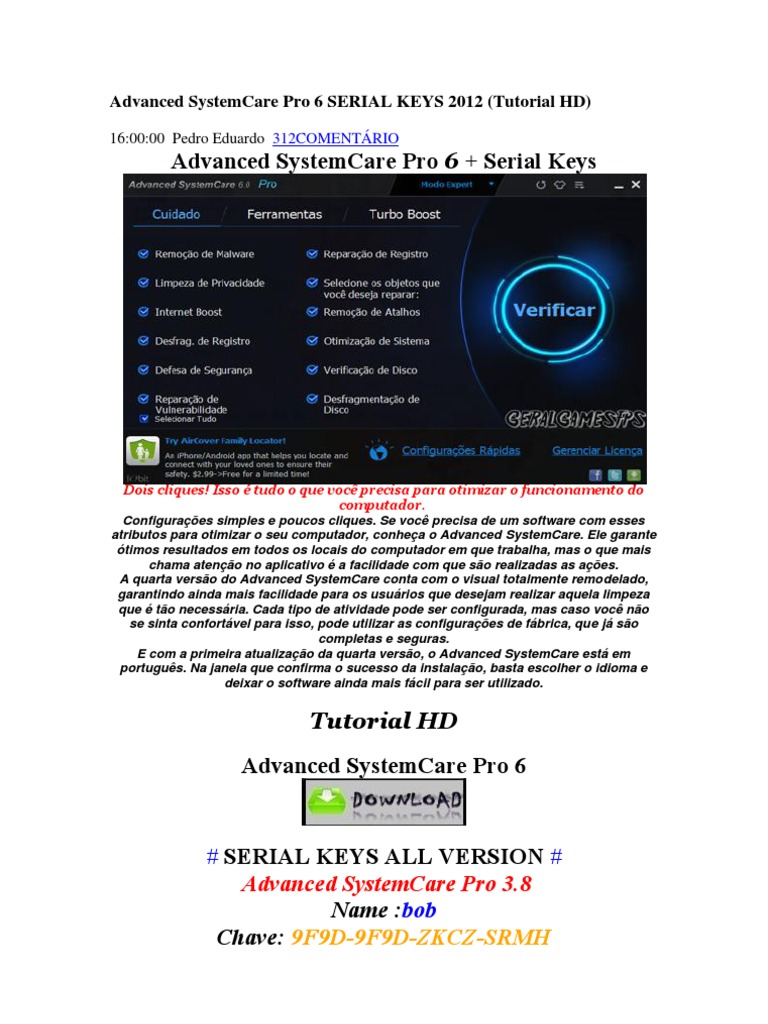 Advanced SystemCare Pro 6 SERIAL KEYS 2012 | PDF | Microsoft Windows ...