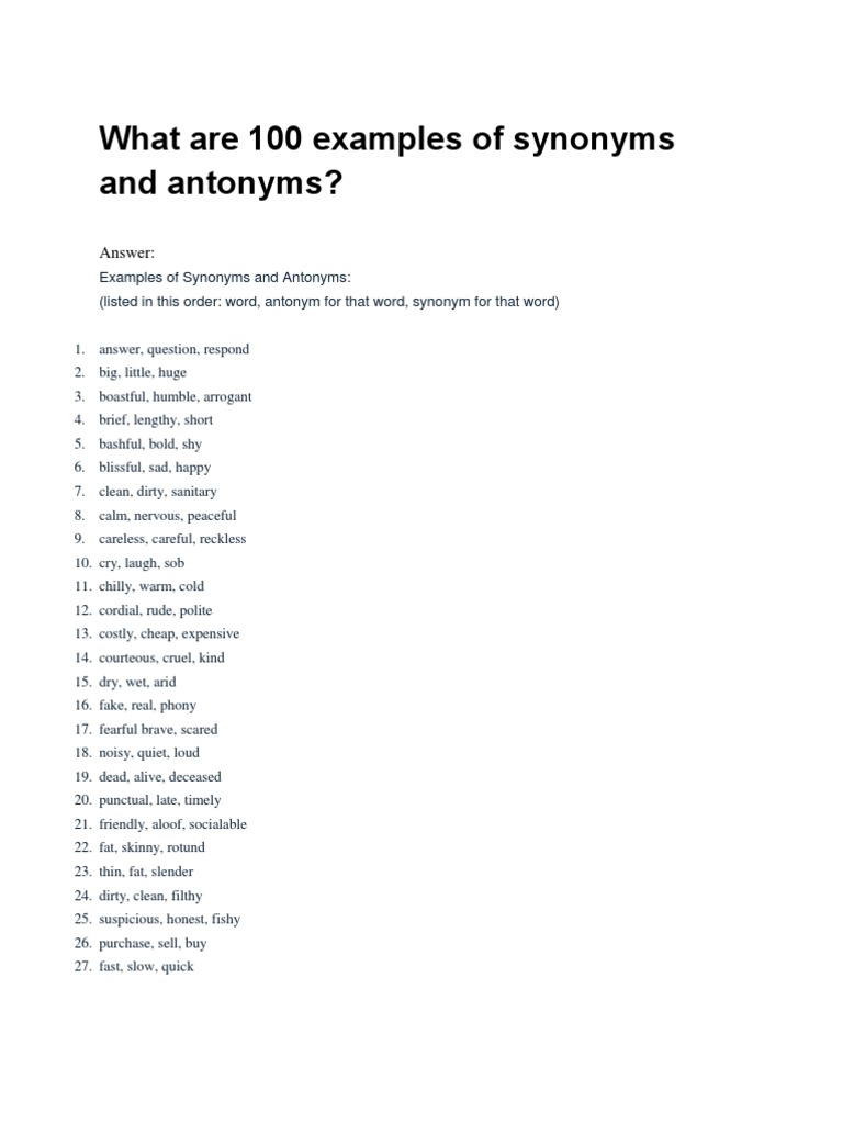 What Are 100 Examples of Synonyms and Antonyms | PDF | Lexical Semantics