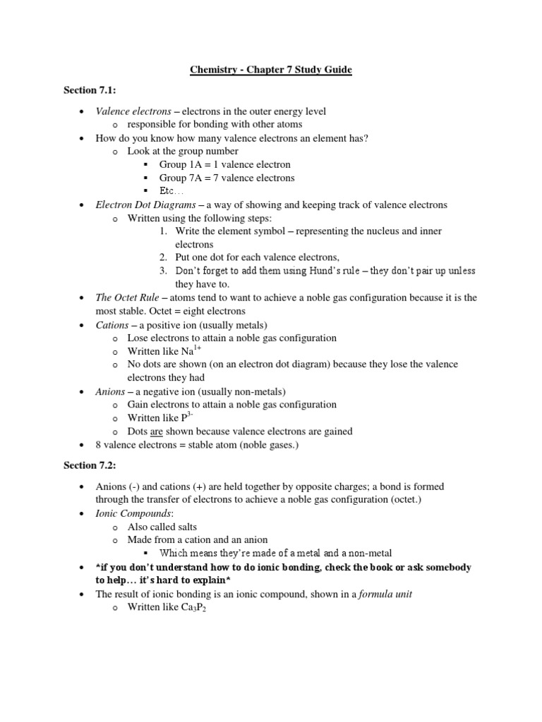 Chemistry - Chapter 7 Study Guide | PDF | Ion | Ionic Bonding