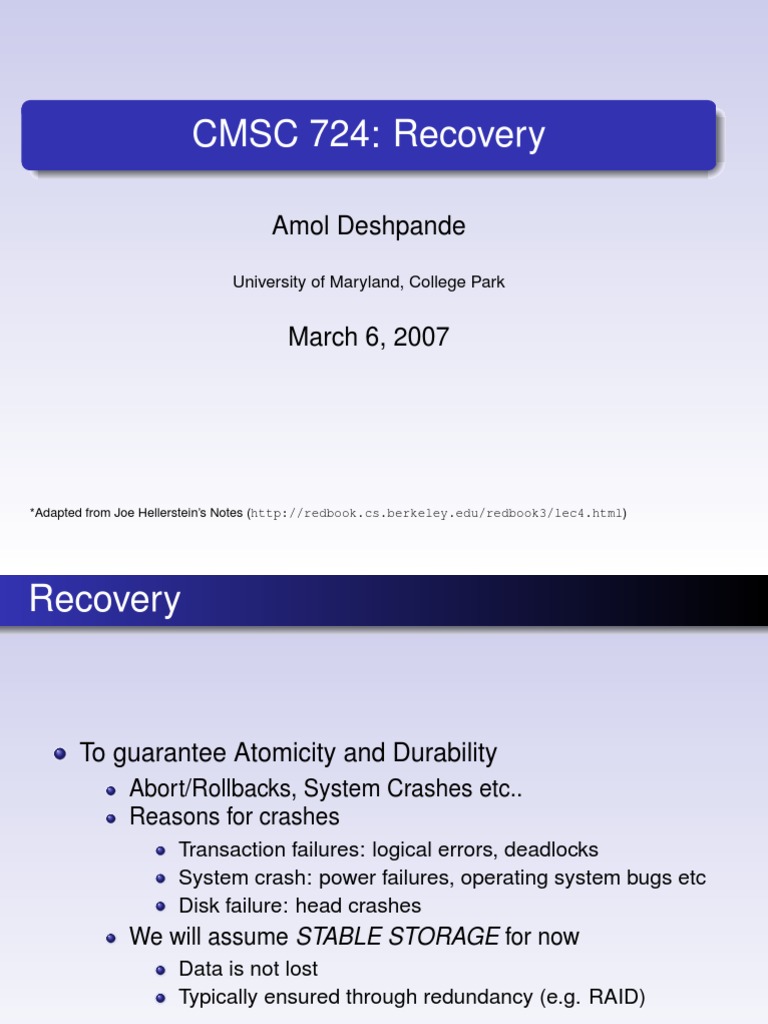 Cmsc 724 Recovery Amol Deshpande Pdf Database Transaction Computer Data