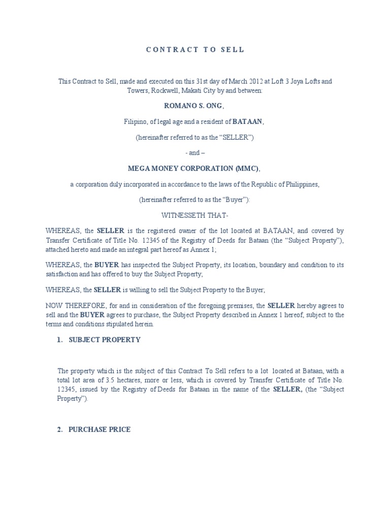 Contract To Sell Sample | PDF | Rescission | Deed