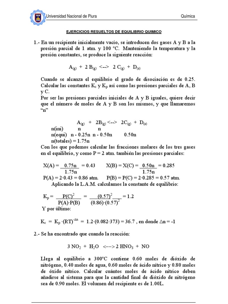 Ejercicios Resueltos de Equilibrio Quimico | PDF | Gases industriales | Sustancias químicas