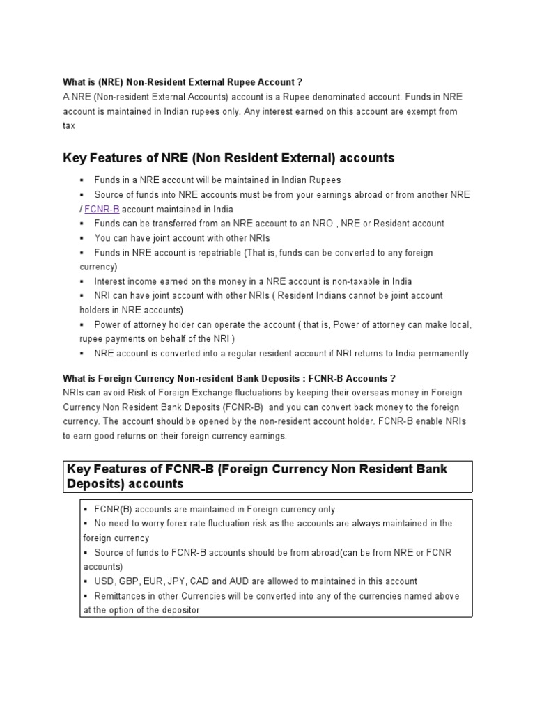 Key Features of NRE (Non Resident External) Accounts | PDF | Foreign ...