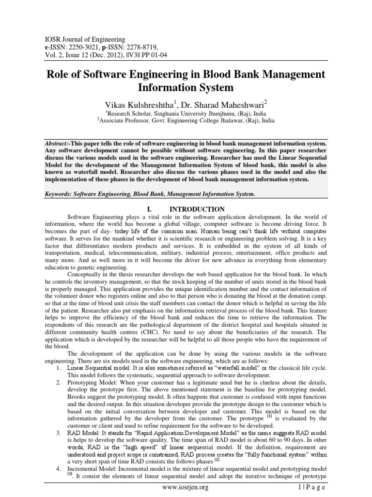 Role of Software Engineering in Blood Bank Management Information ...
