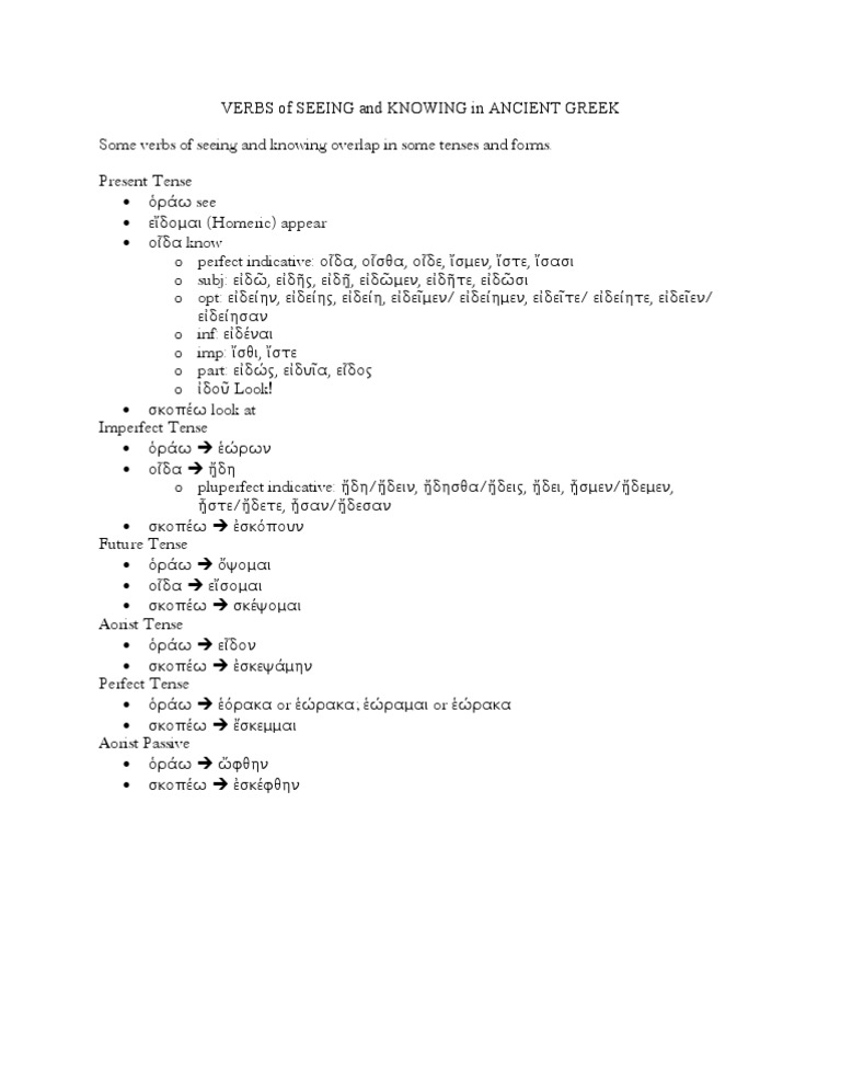 Ancient Greek Verbs of Seeing & Knowing | PDF