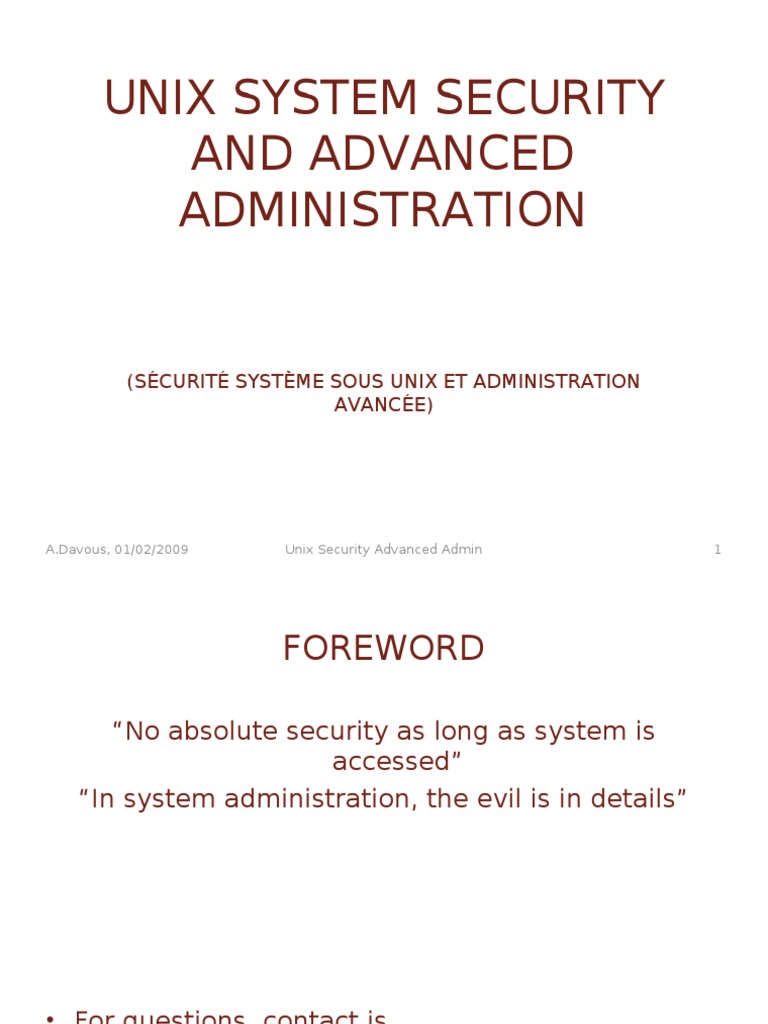 Unix System Security and Advanced Administration: (Sécurité Système Sous Unix Et Administration ...