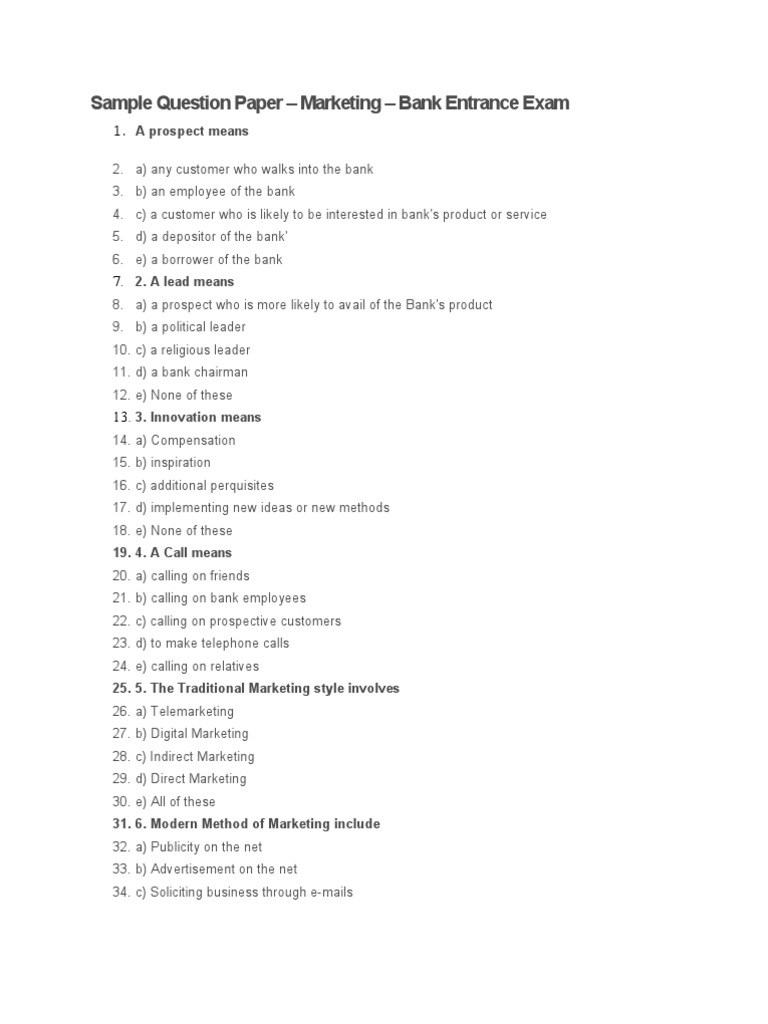 Sample Question Paper - Marketing - Bank Entrance Exam: A Prospect ...
