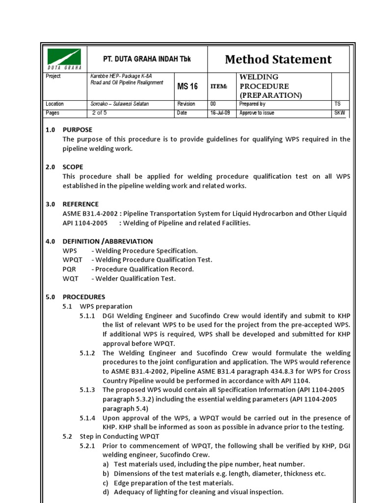 Method Statement: Pt. Duta Graha Indah TBK Welding Procedure ...