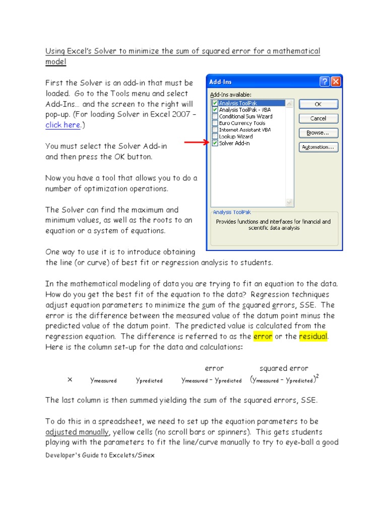 Minimizing the Sum of Squared Error Using Excel's Solver to Find the Best Fit Regression Curve ...